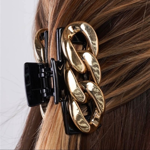 Accessories | New Gold Chain Black Glossy Claw Jaw Hair Clip | Poshmark